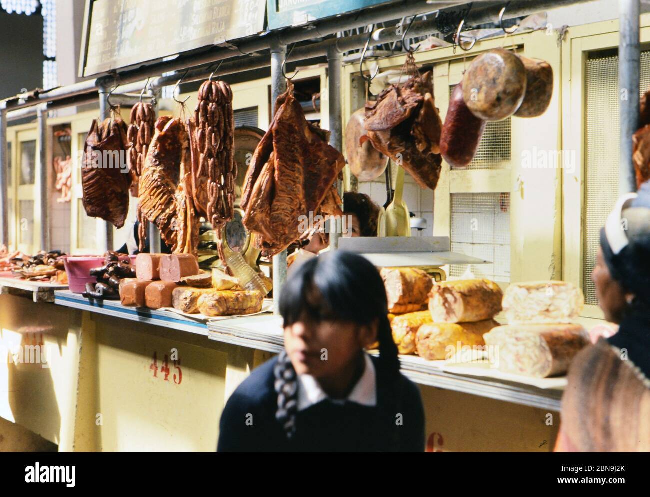 1978 Peru (R) - Meat hanging in an outside market in a city in Peru ...