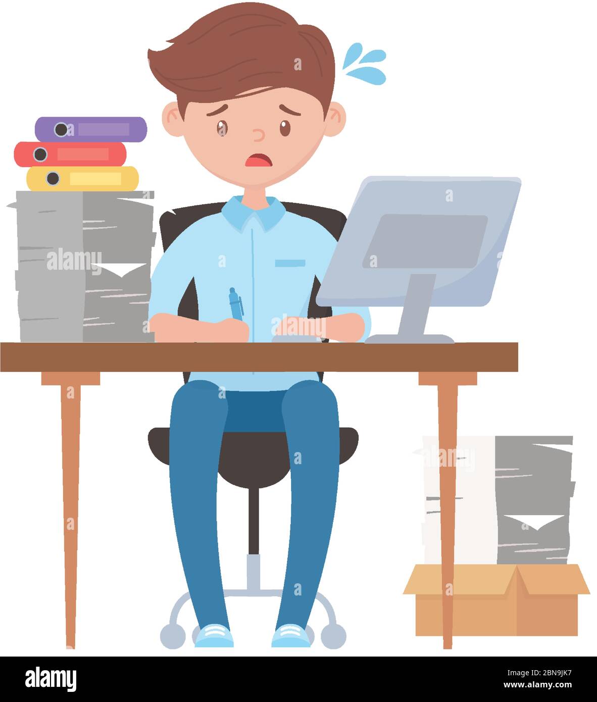 stress at work, sad employee in office with many papers binders desk ...
