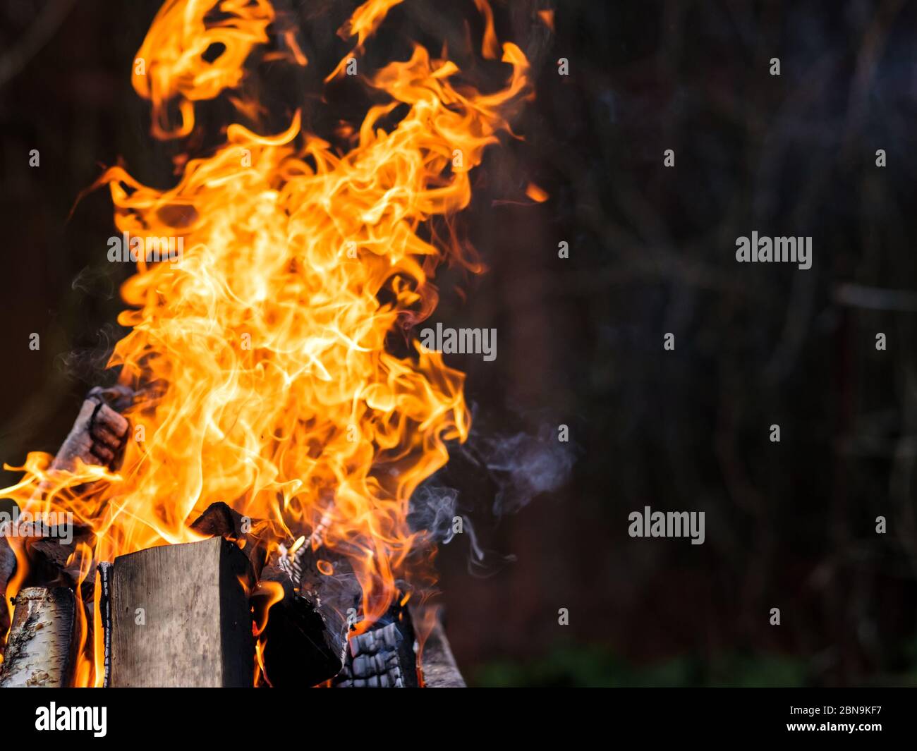A bright orange flame of fire burns against a dark background. Burning ...