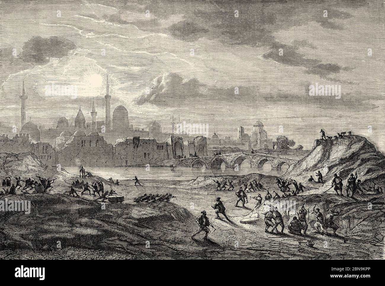 View of Mosul and the Tigris River, northern Iraq. Old 19th century ...