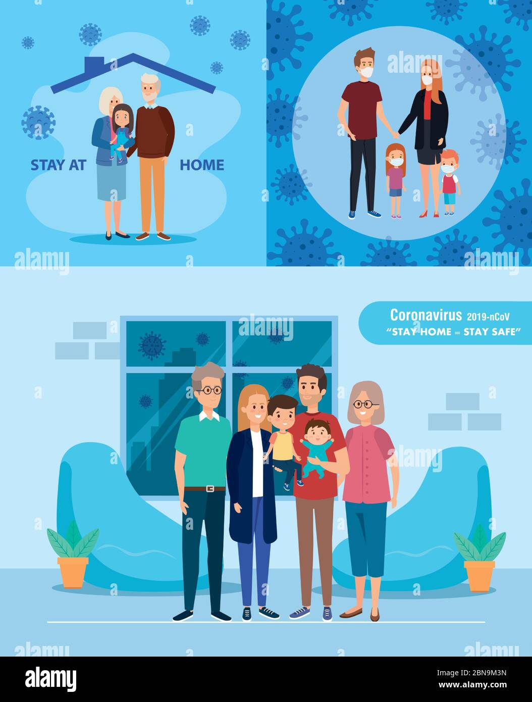 set scenes of stay at home campaign with families Stock Vector Image ...