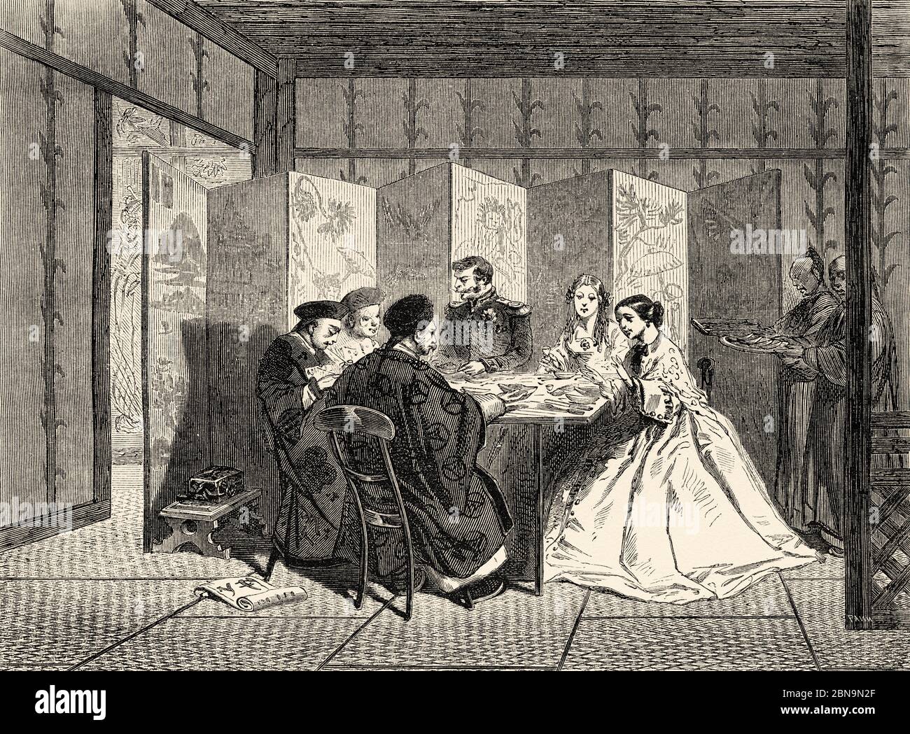 French cellist Lise Cristiani in a Chinese dinner. Old 19th century ...