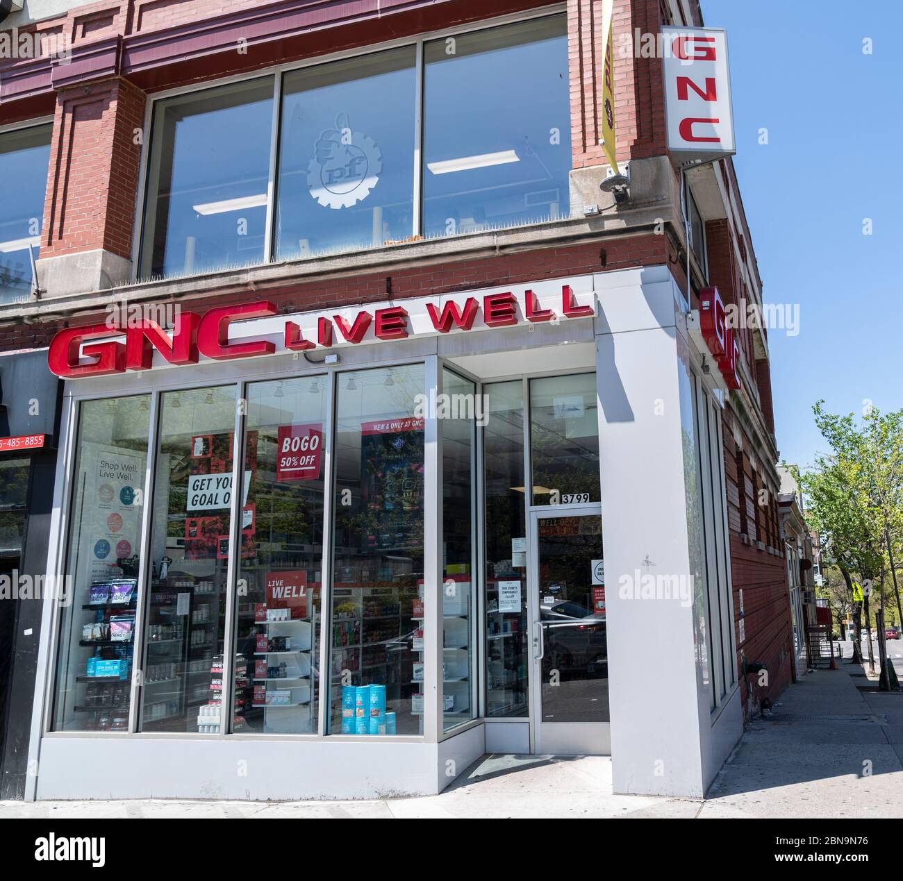 New York, NY - May 13, 2020: General view of GNC store closed during ...