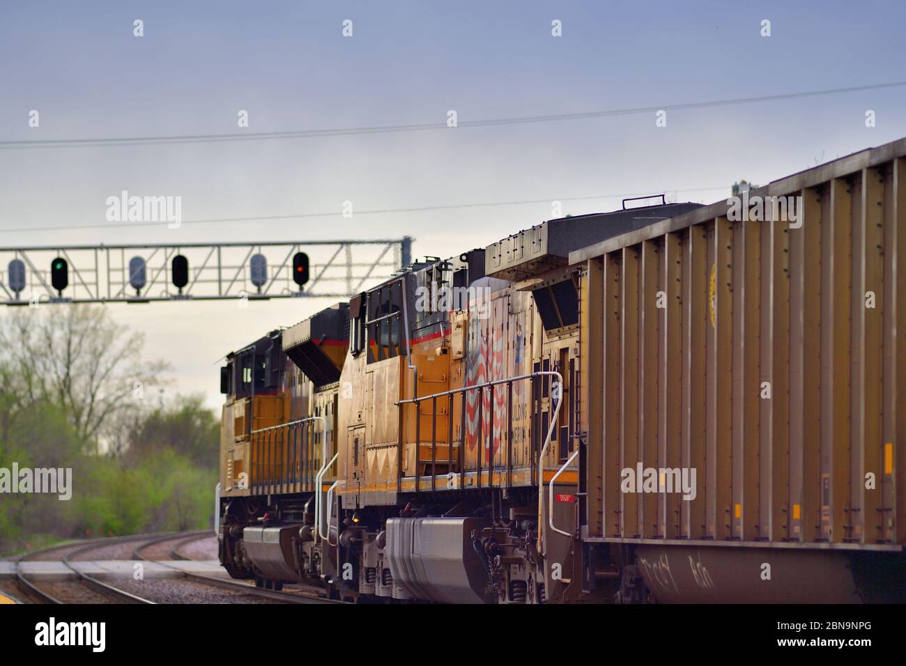 Winfield, Illinois, USA. Locomotives lead a Union Pacific freight train ...