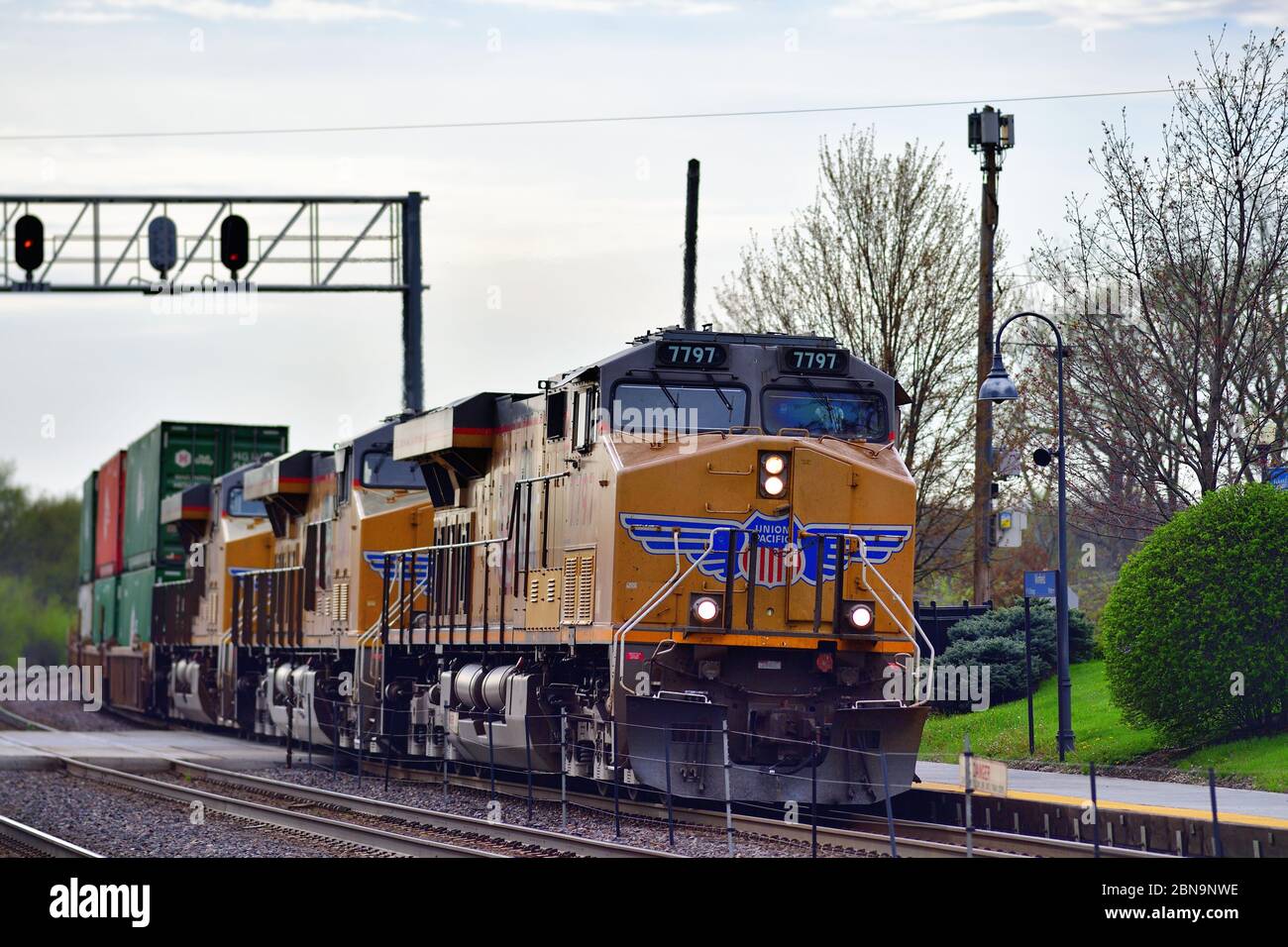 Winfield, Illinois, USA. Three locomotives lead a Union Pacific freight ...