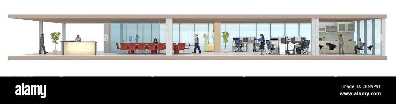 panorama section office building cutaway isolated on white. 3d ...