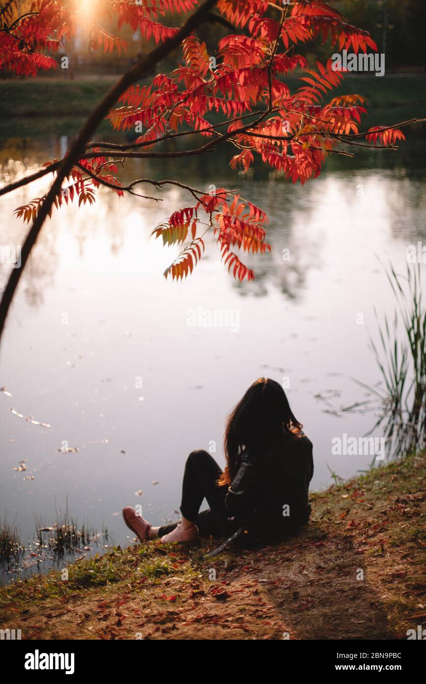 Young woman looking at view while sitting by lake under a tree during ...