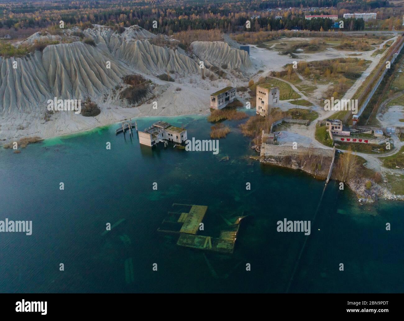 Aerial of Rummu quarry with the soviet underwater prison Stock Photo ...