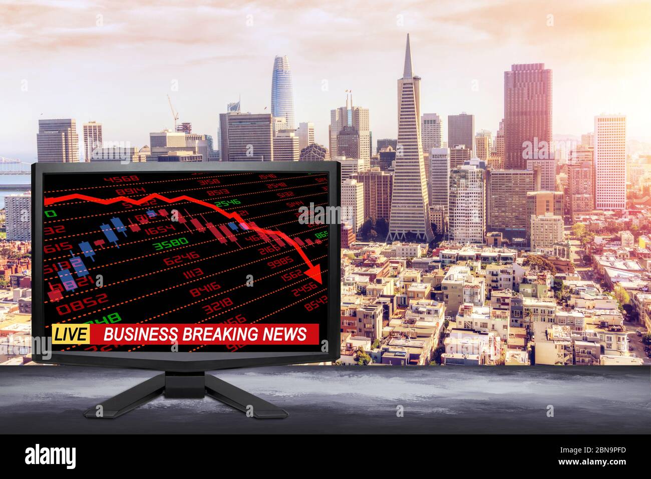 Live business breaking news on TV screen with stock and financial ...