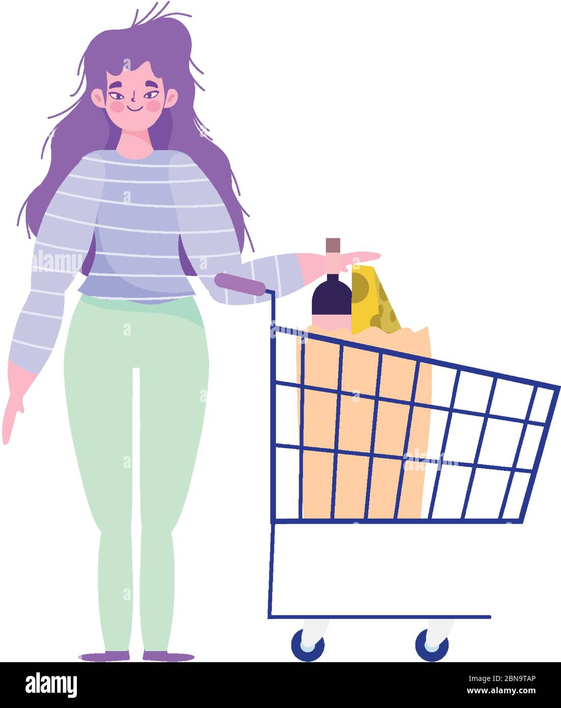 people hoarding purchase, woman characters with shopping cart and bag ...