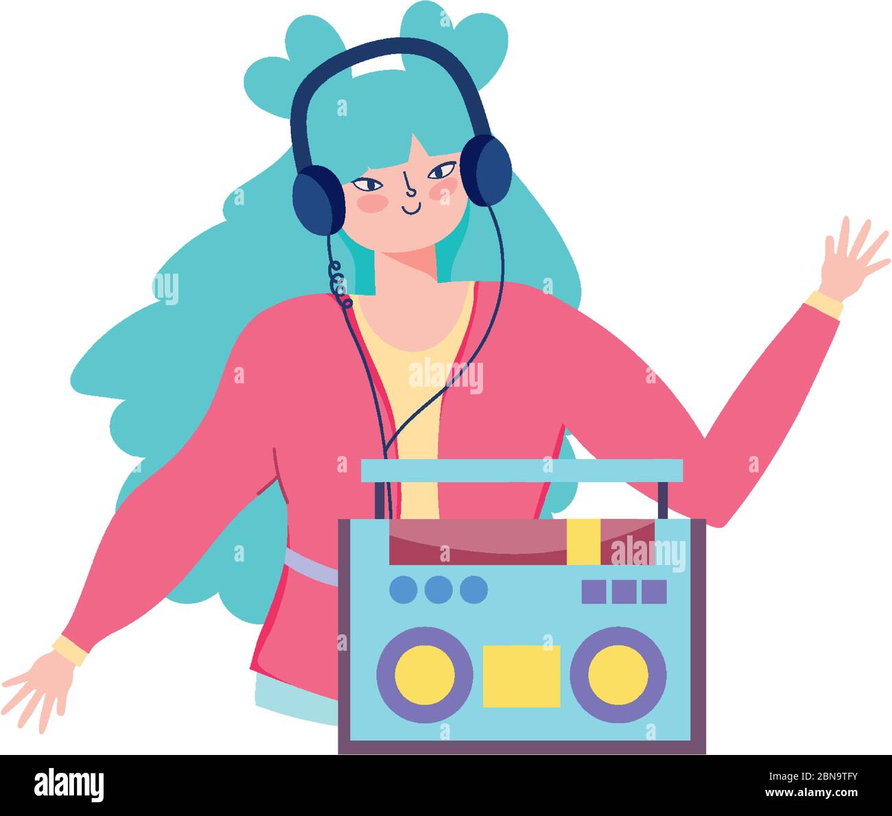 girl listening music with stereo radio and earphones vector ...