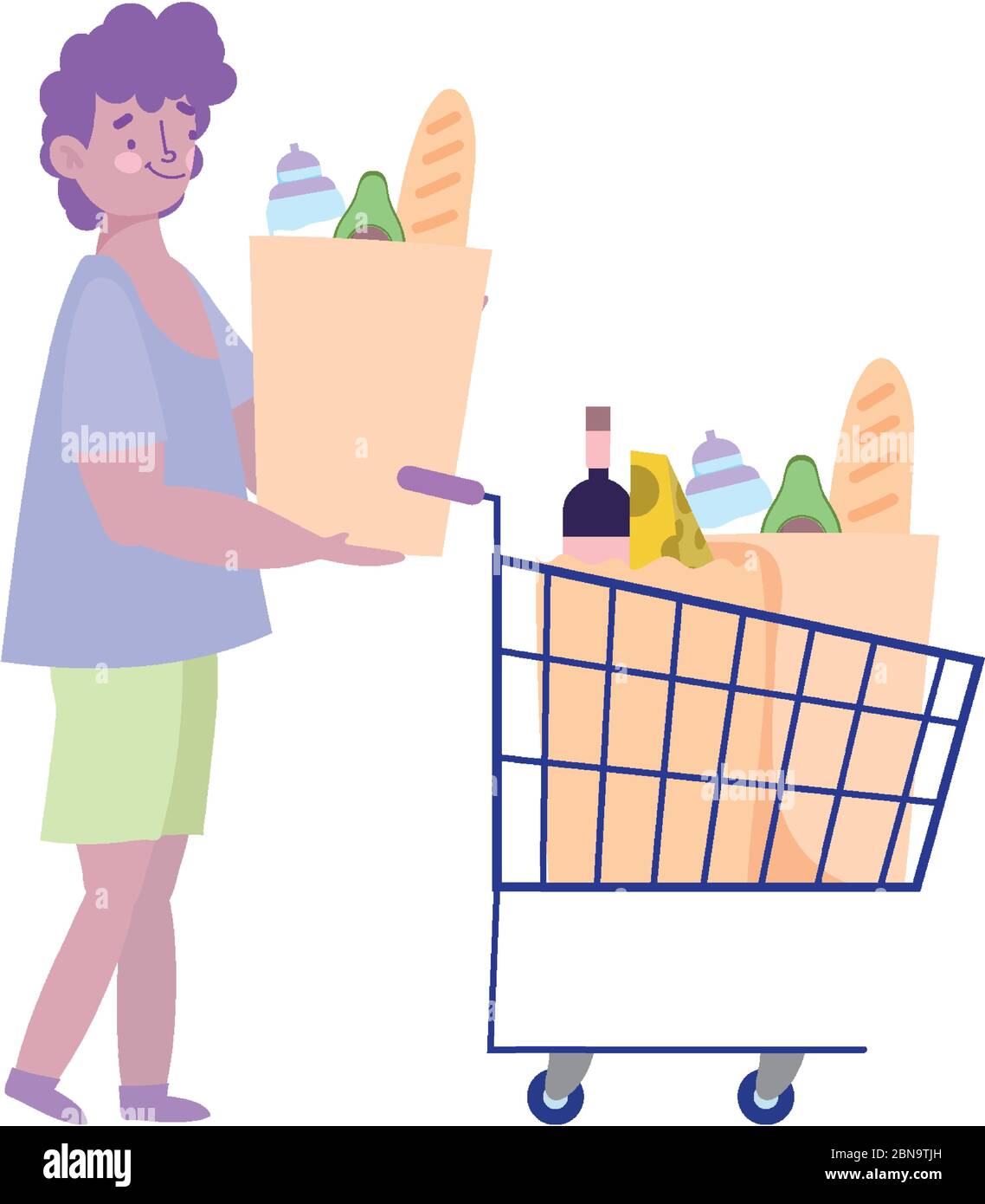 people hoarding purchase, young man with shopping cart and bag with ...
