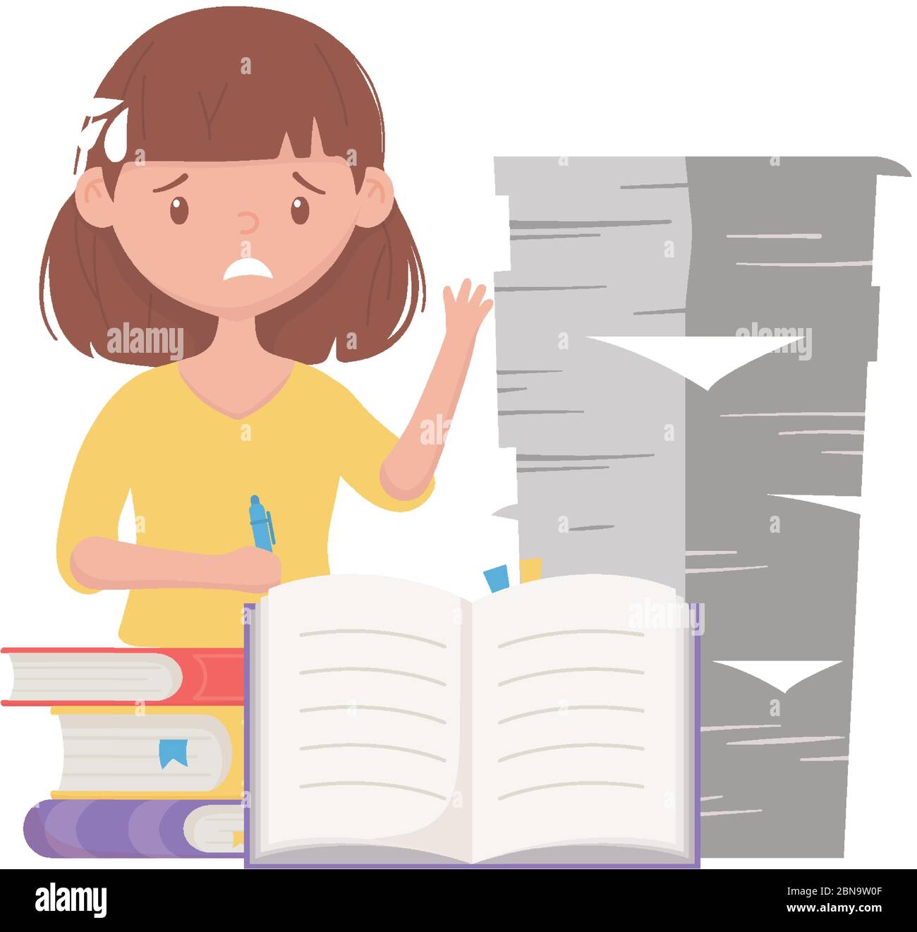 stress at work, worried female employee with stack papers and books ...