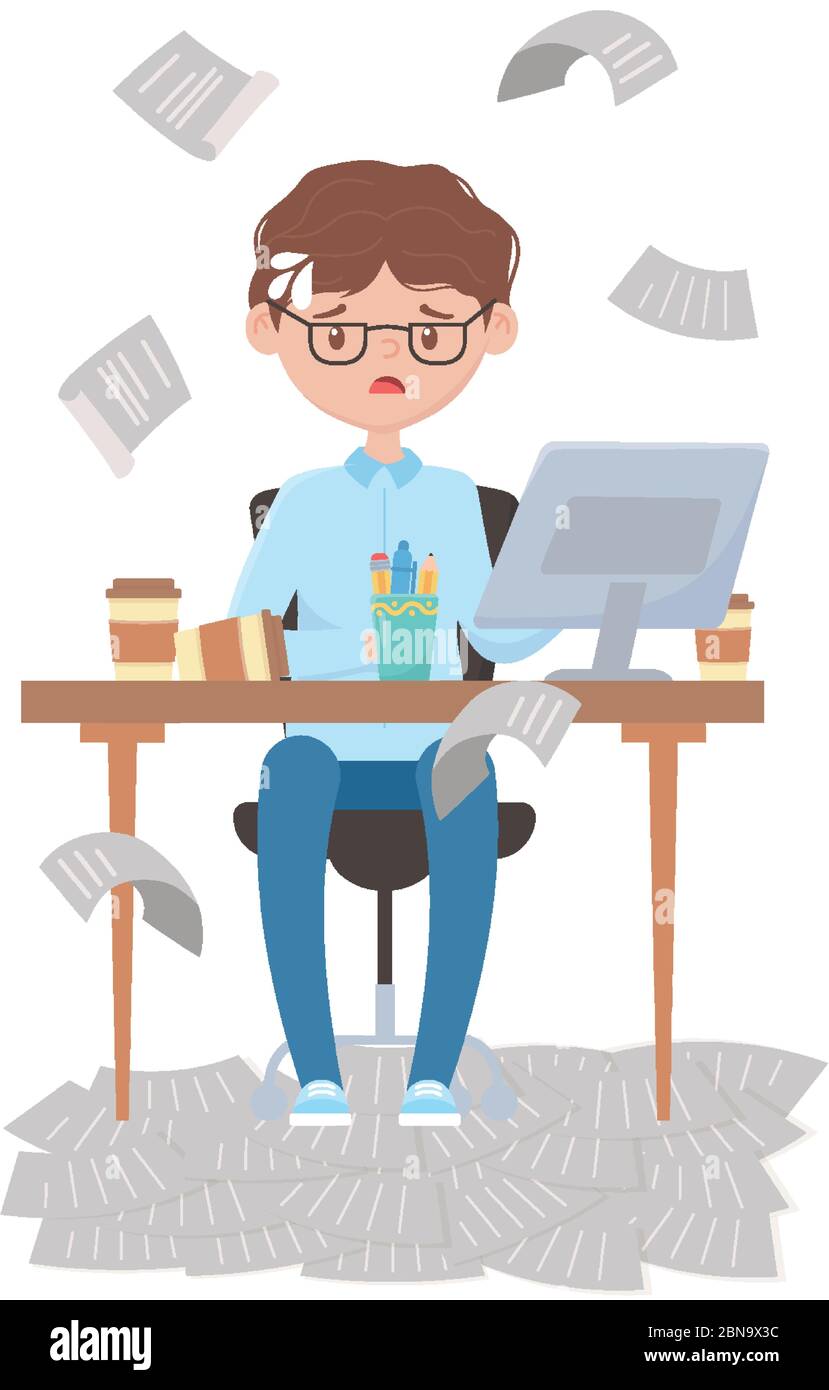 stress at work, exhausted businessman sitting in the office vector ...