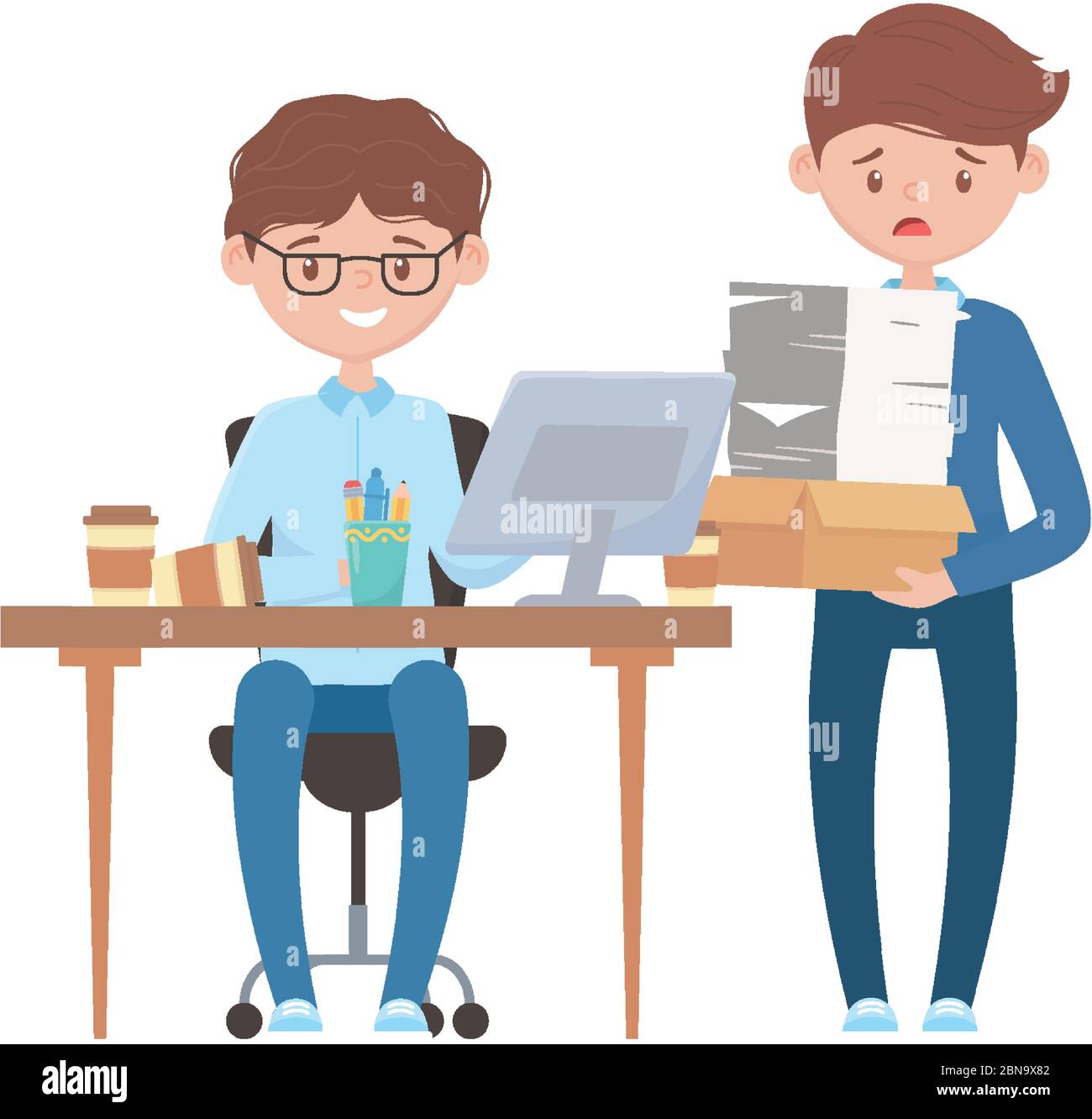 stress at work, businessman working on desk and employee with sheets ...