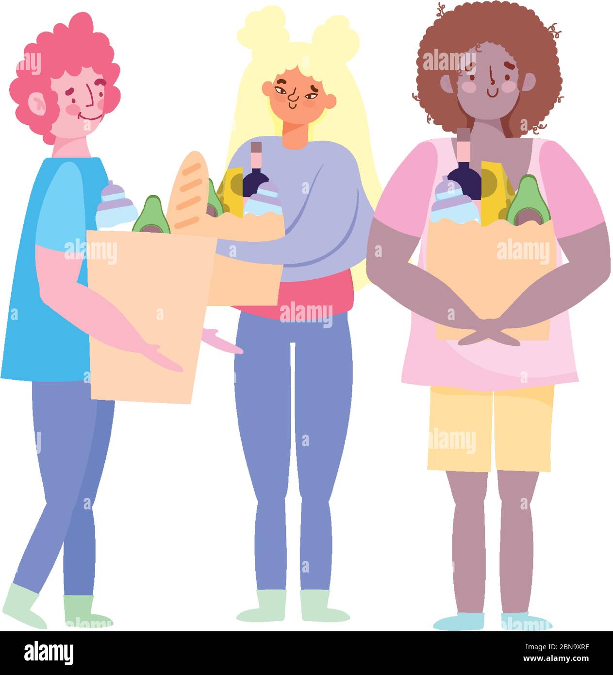 people queue with bags with supermarket food, avoid crowded places ...