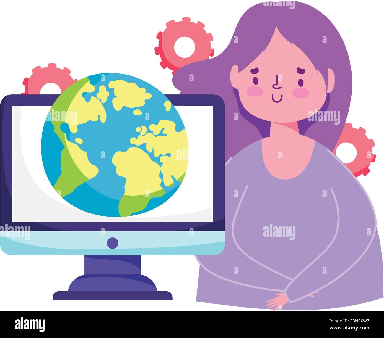 online education, girl student computer world lesson course vector ...