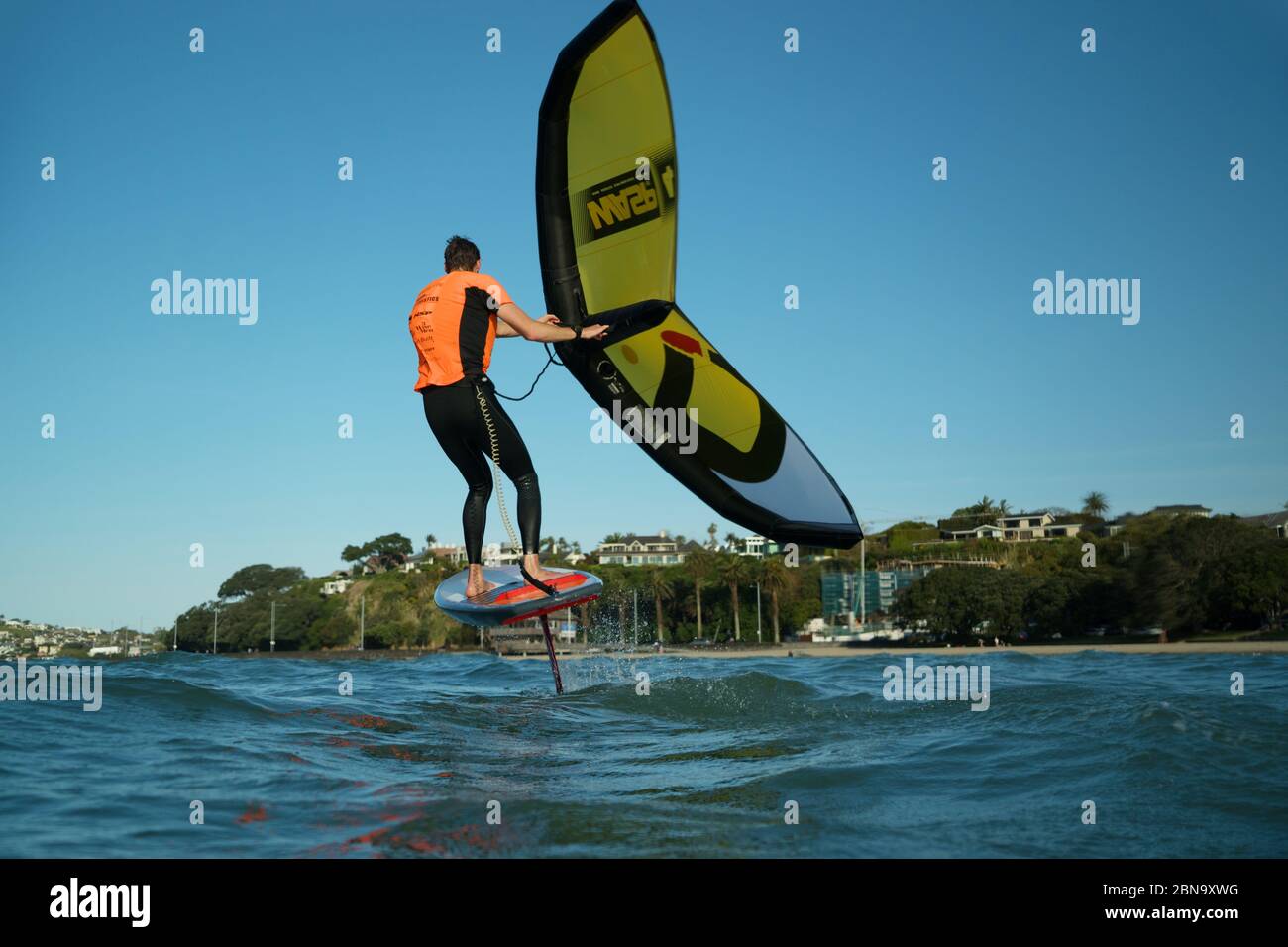 A young man wingfoils in Auckland Harbour on a summer's day, using a ...