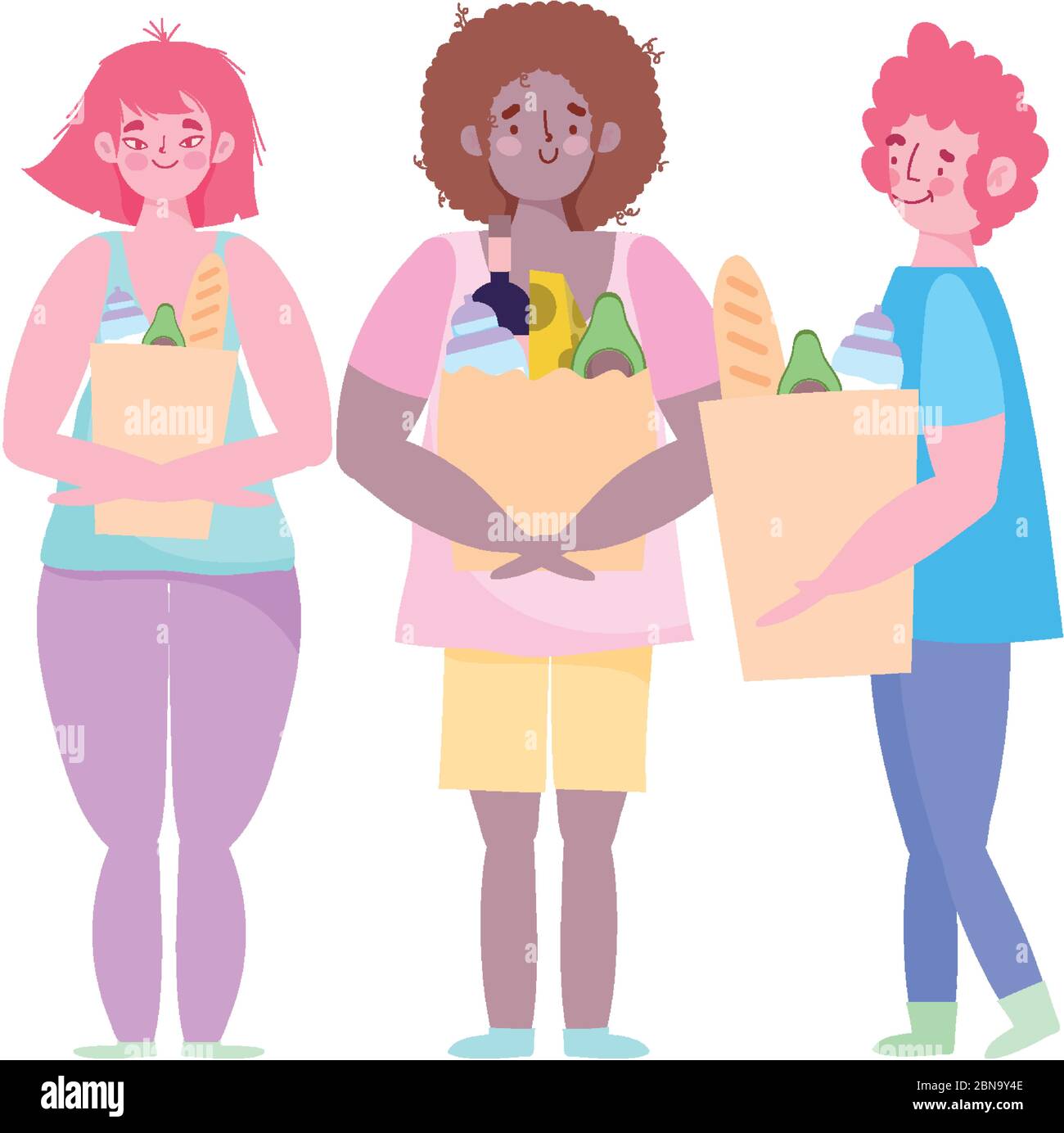 people queue with bags with supermarket food, avoid crowded places ...