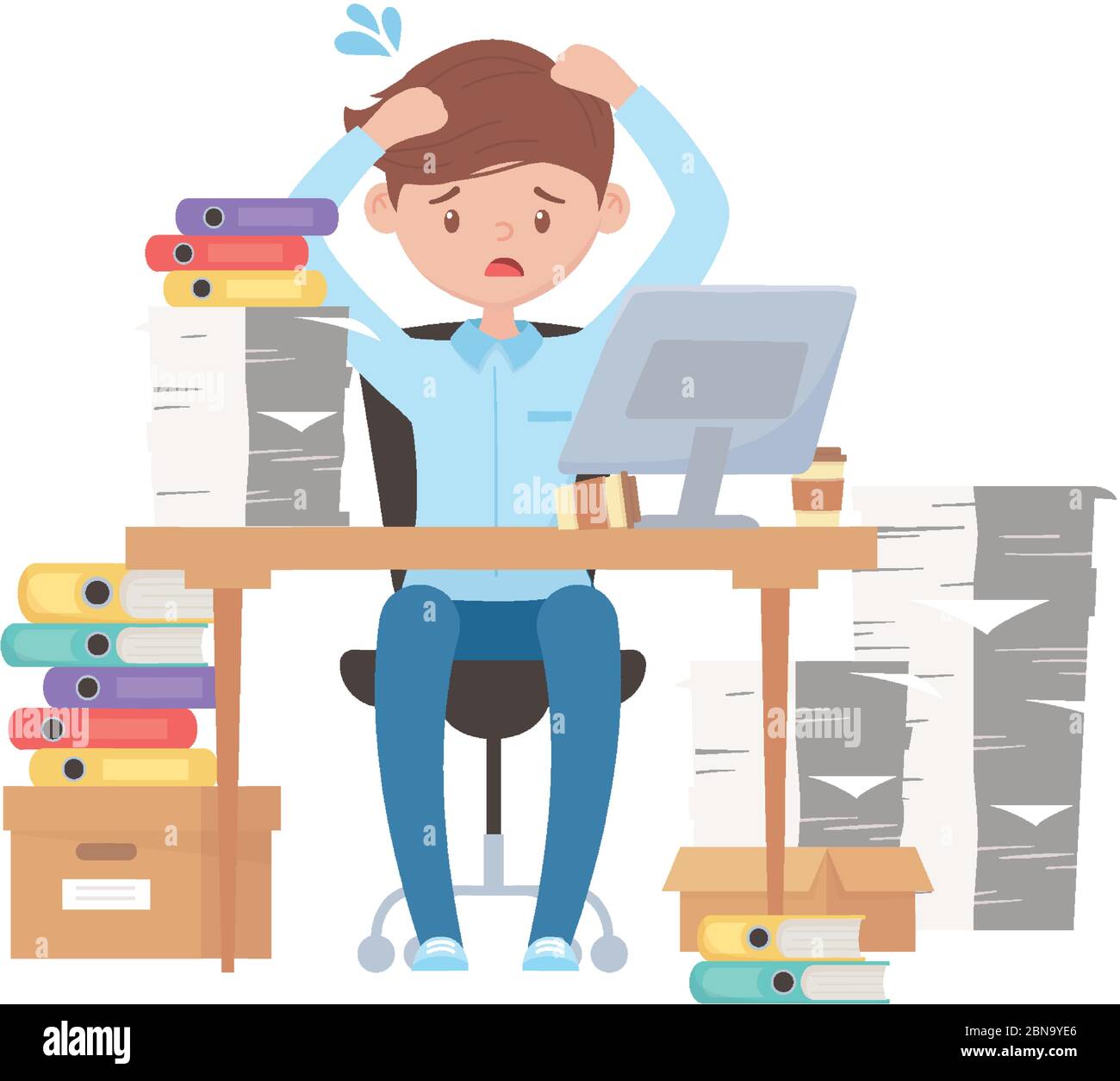 stress at work, exhausted businessman sitting in the office vector ...