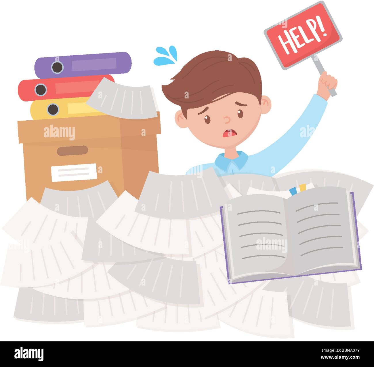 stress at work, businessman lot of paperwork with help placard vector ...