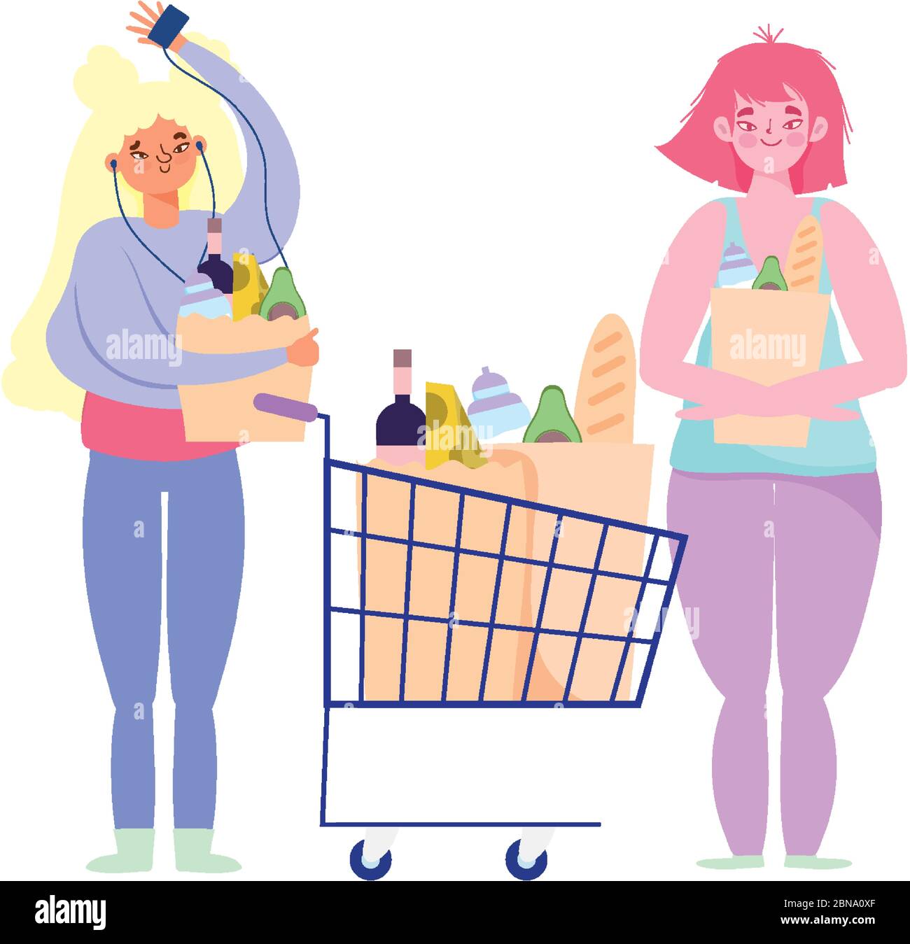 people hoarding purchase, woman and girl with shopping cart and bags of ...