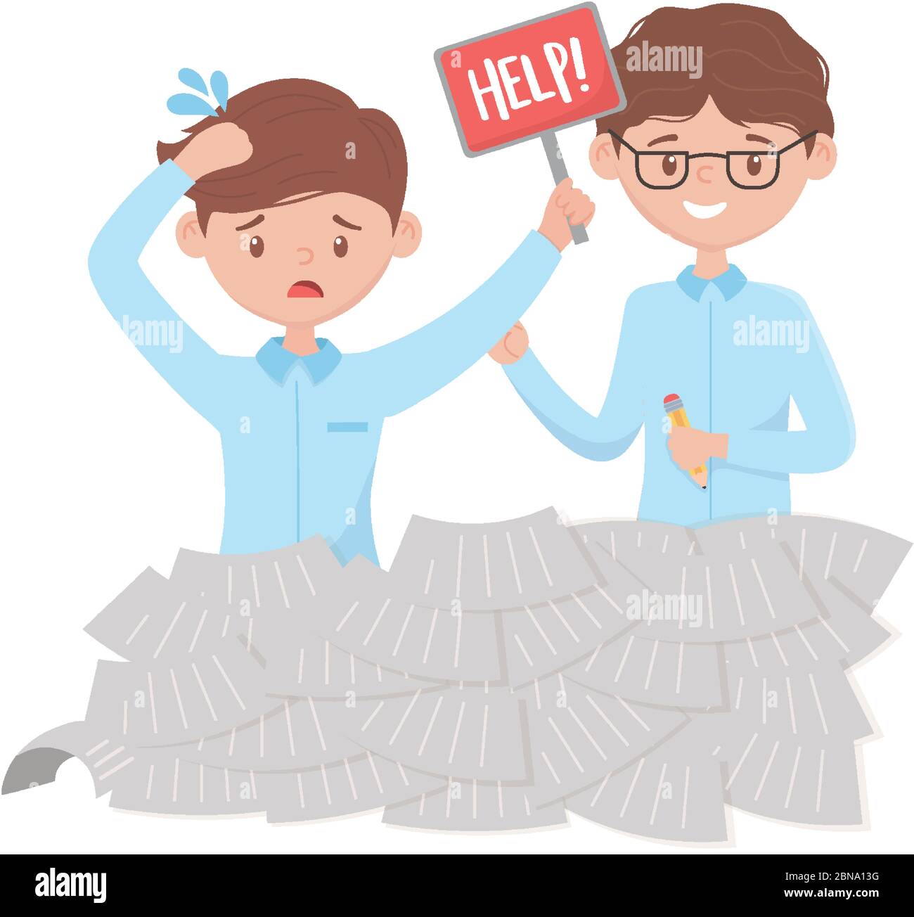 stress at work, stressed employee with stacked papers and help sign ...