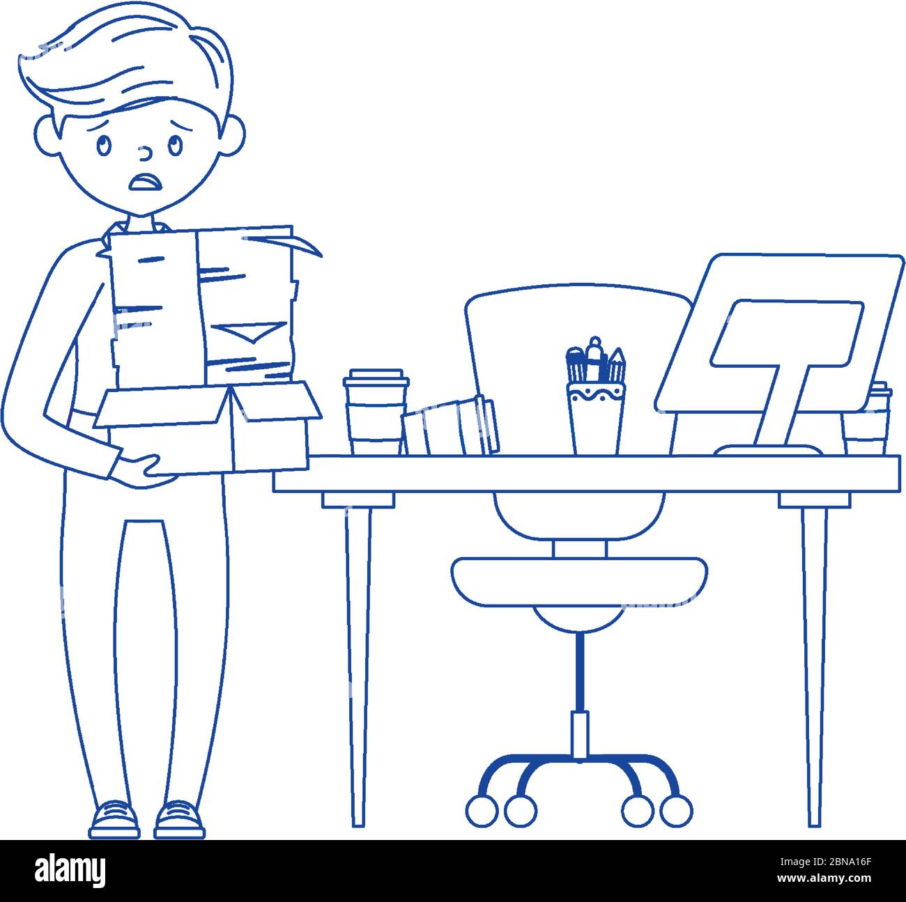 stress at work, businessman working on desk and employee with sheets ...