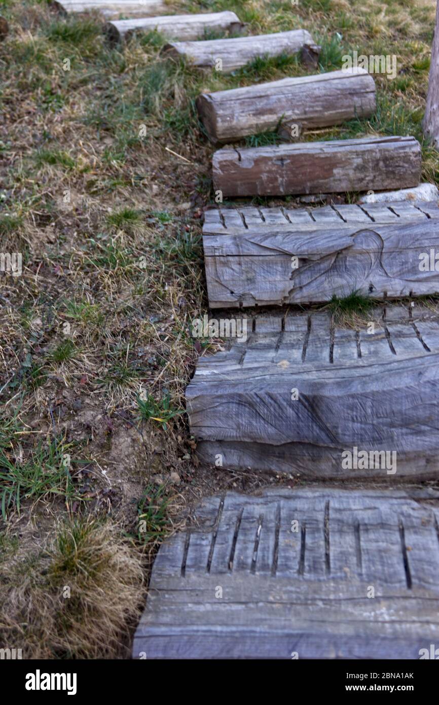 stairway made of oak trunks along an alpine path Stock Photo - Alamy