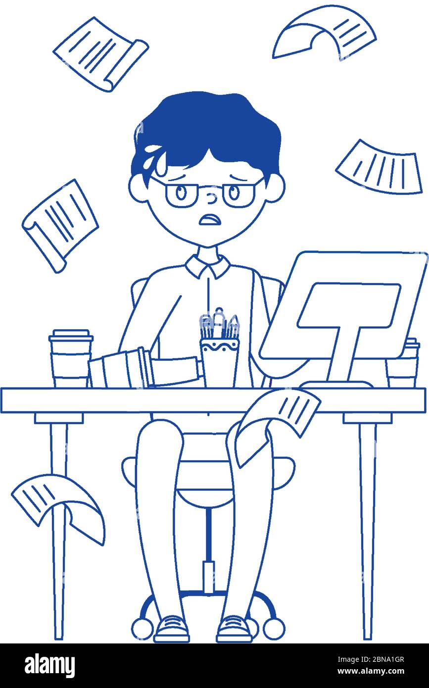 stress at work, exhausted businessman sitting in the office vector ...