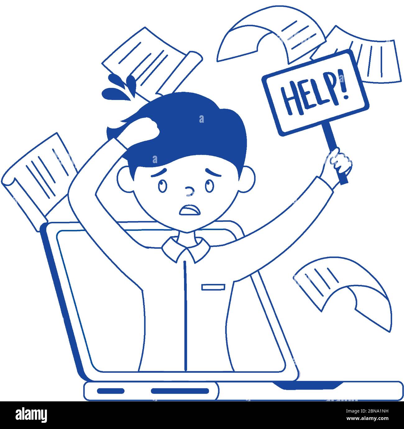 stress at work, stressed employee with help placard in video call ...