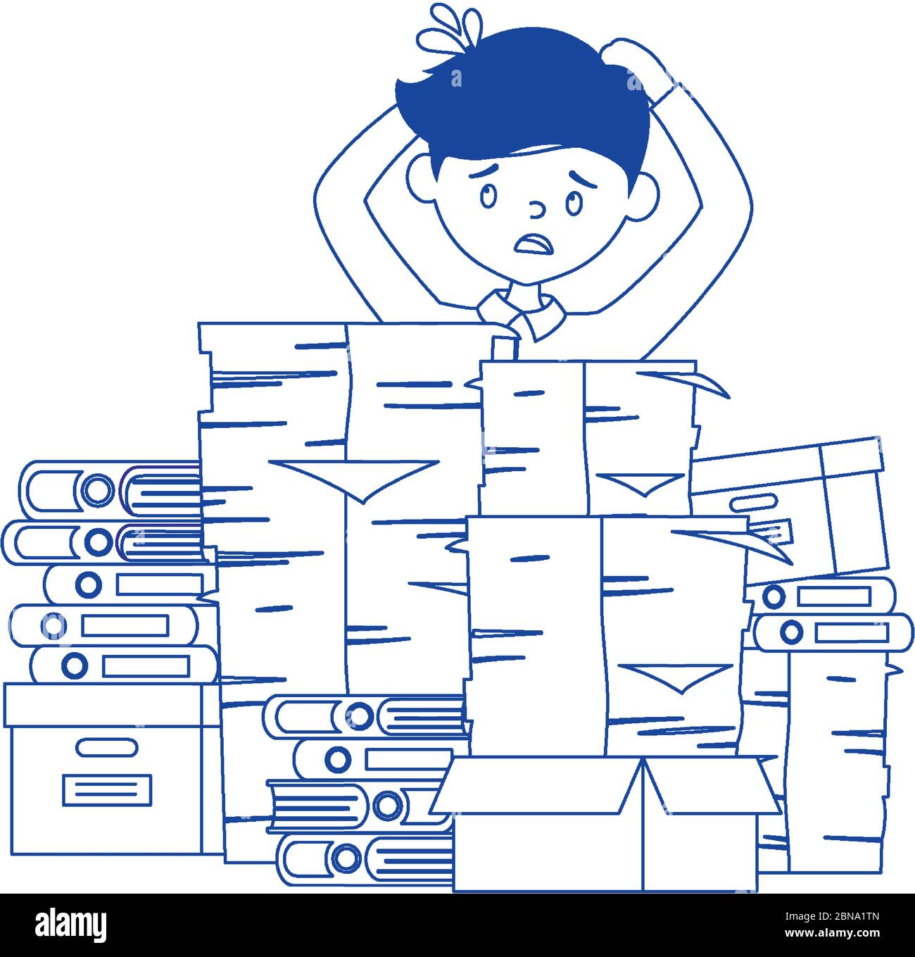 stress at work, worried employee with pile of documents and many ...
