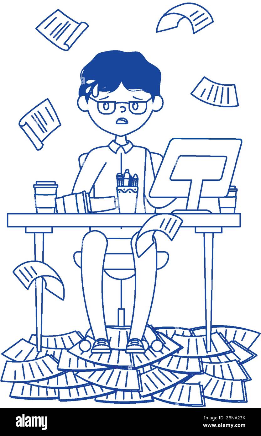 stress at work, exhausted businessman sitting in the office vector ...