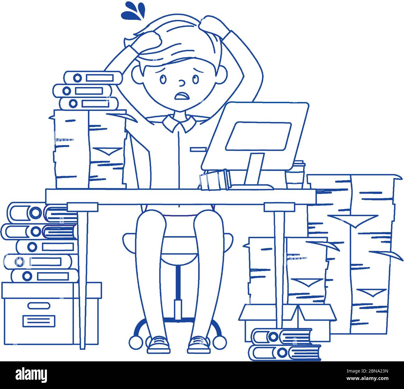 stress at work, exhausted businessman sitting in the office vector ...