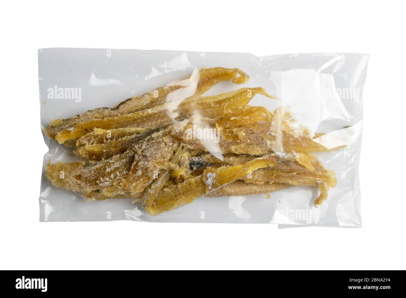 Dried tuna fillet in a transparent package appetizer to beer isolated ...