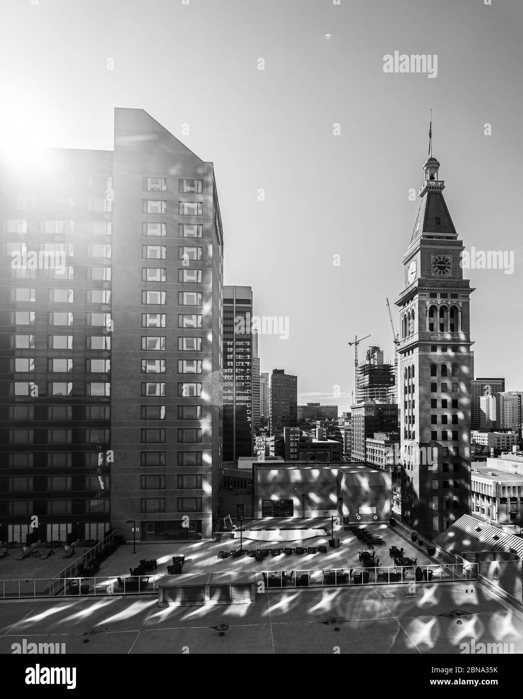 DENVER, UNITED STATES - Apr 05, 2020: Reflection of the sunrise off ...