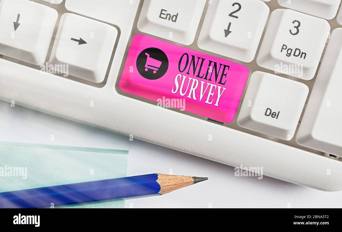 Writing note showing Online Survey. Business concept for Reappraisal ...