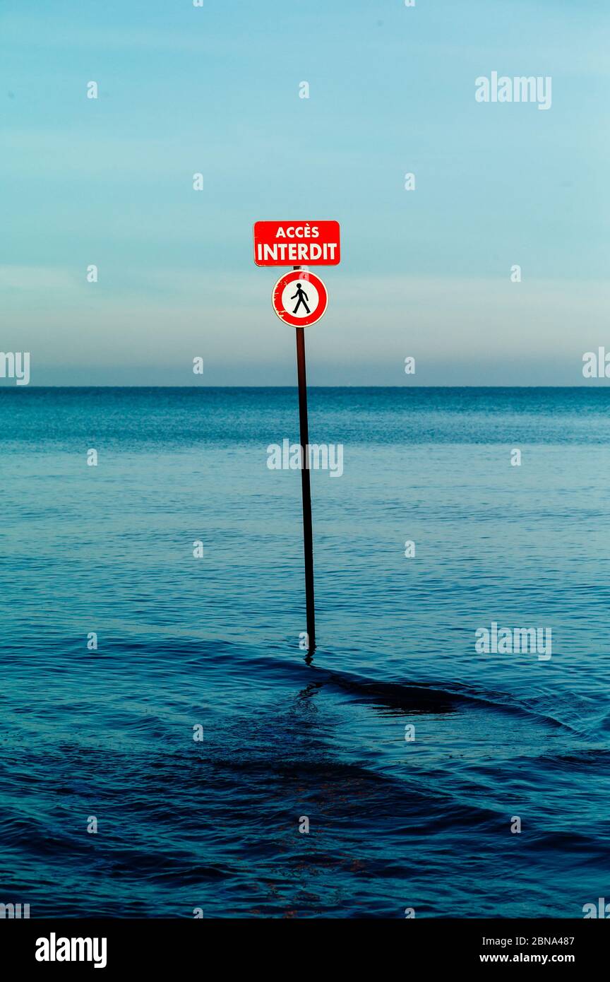 DEAUVILLE, FRANCE - Dec 01, 2019: Access Prohibited Sign in the Sea ...