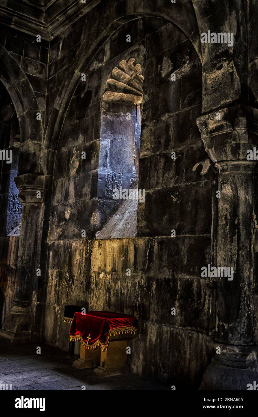 Vertical shot of the inside of the historic Geghard Monastery in ...
