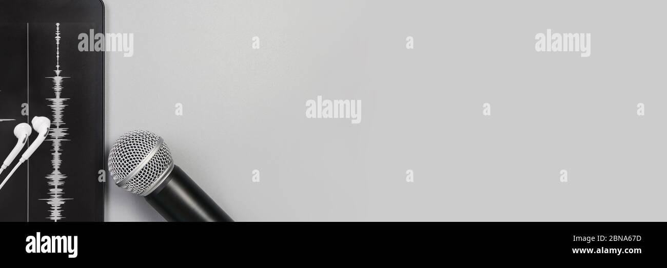 Podcast record. Microphone and sound track. Grey monochrome Stock Photo ...
