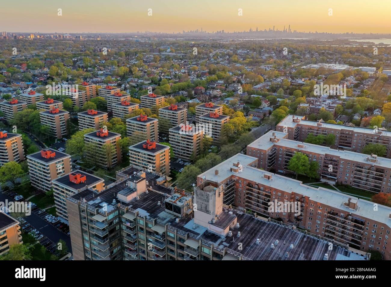 Aerial view of Queens in New York City at sunset with the George ...