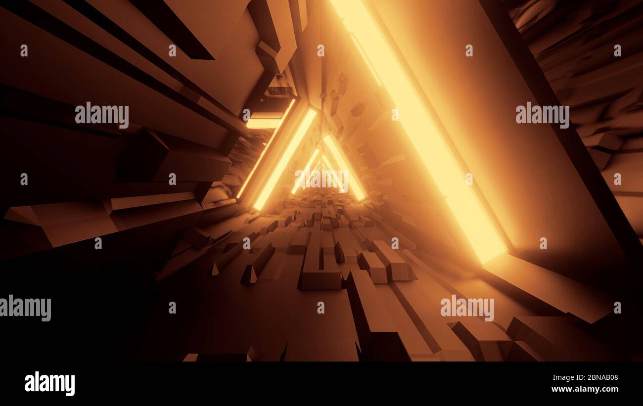 3D rendering of trippy triangular hallway illustration in dark gold ...
