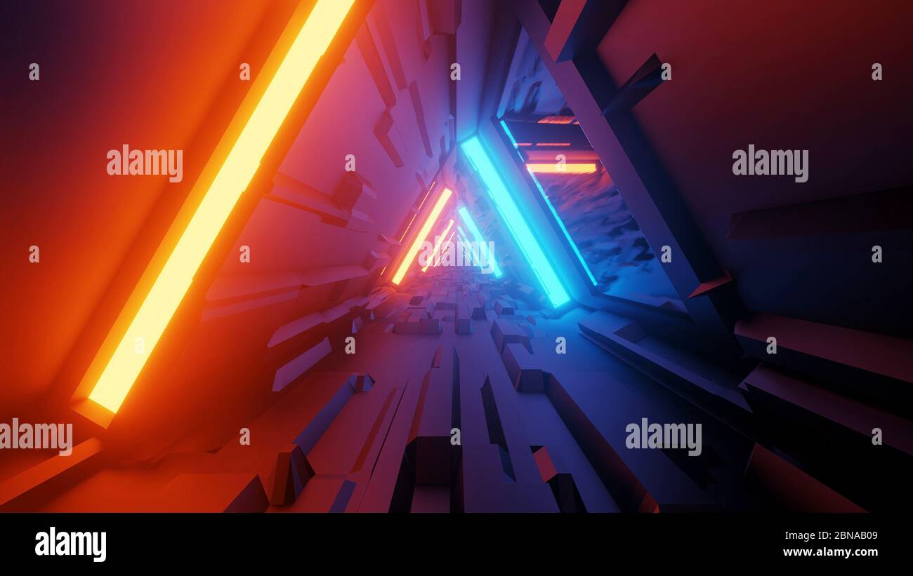 3D rendering of trippy triangular hallway illustration in blue and ...