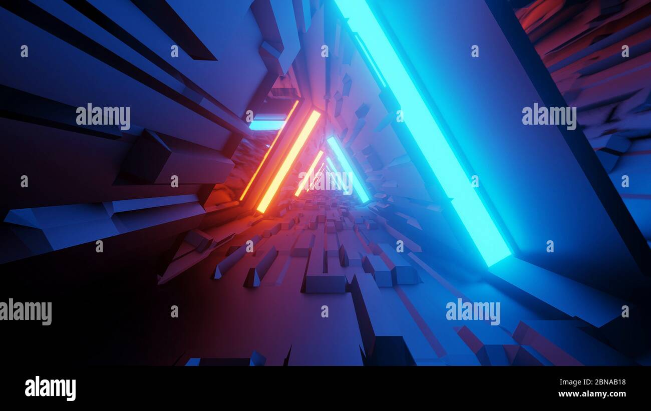 3D rendering of trippy triangular hallway illustration in blue and ...