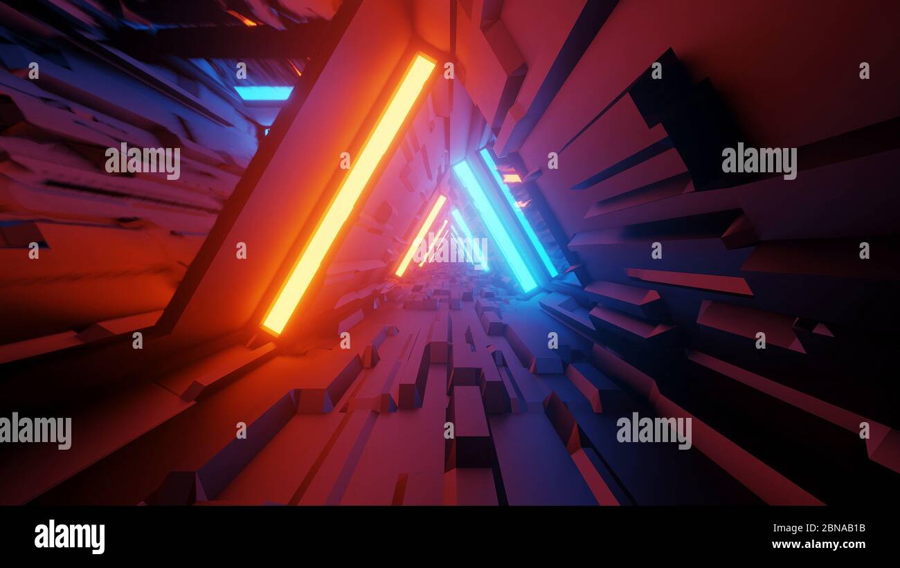 3D rendering of trippy triangular hallway illustration in blue and ...