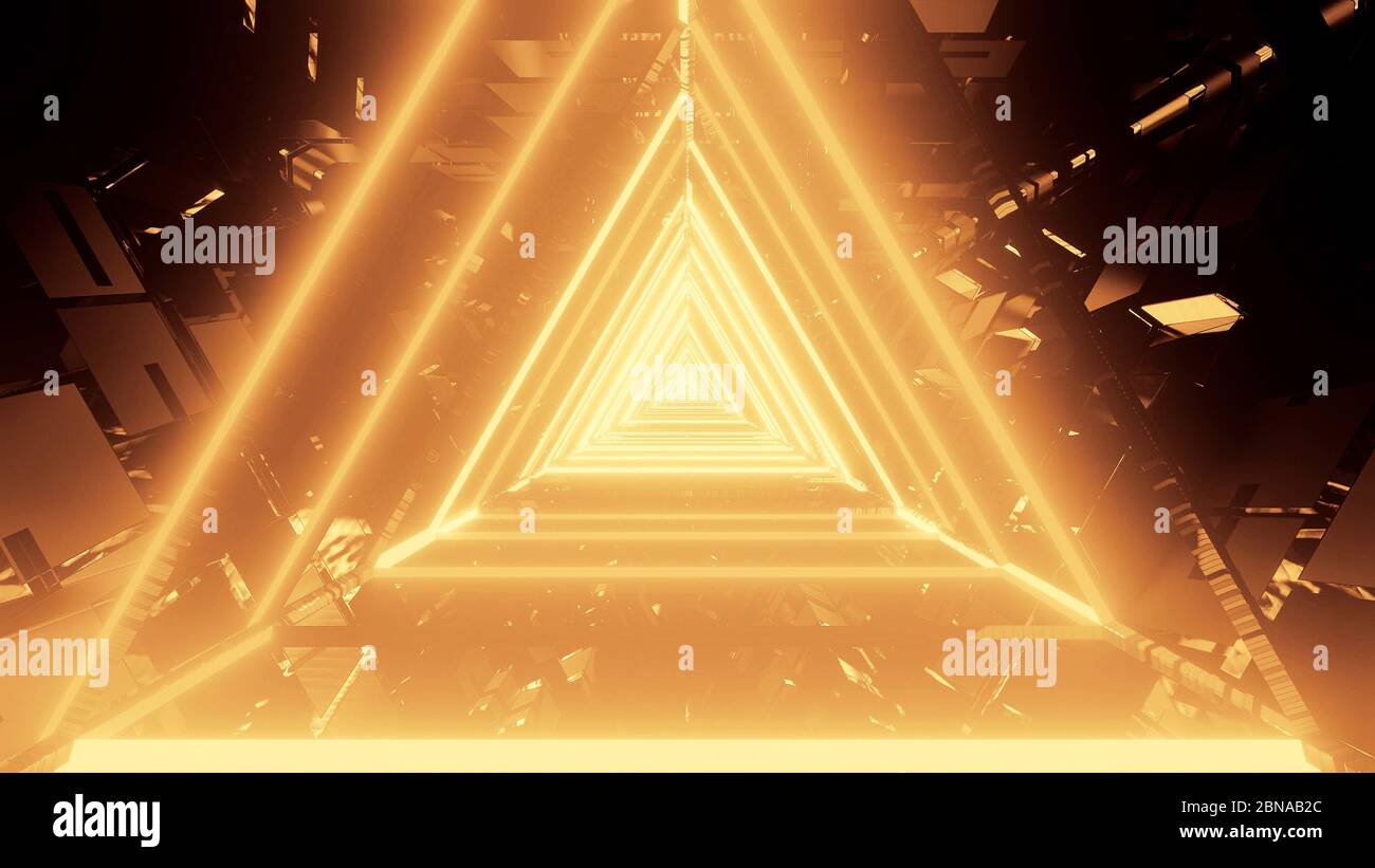 3D rendering of trippy triangular hallway illustration in dark gold ...