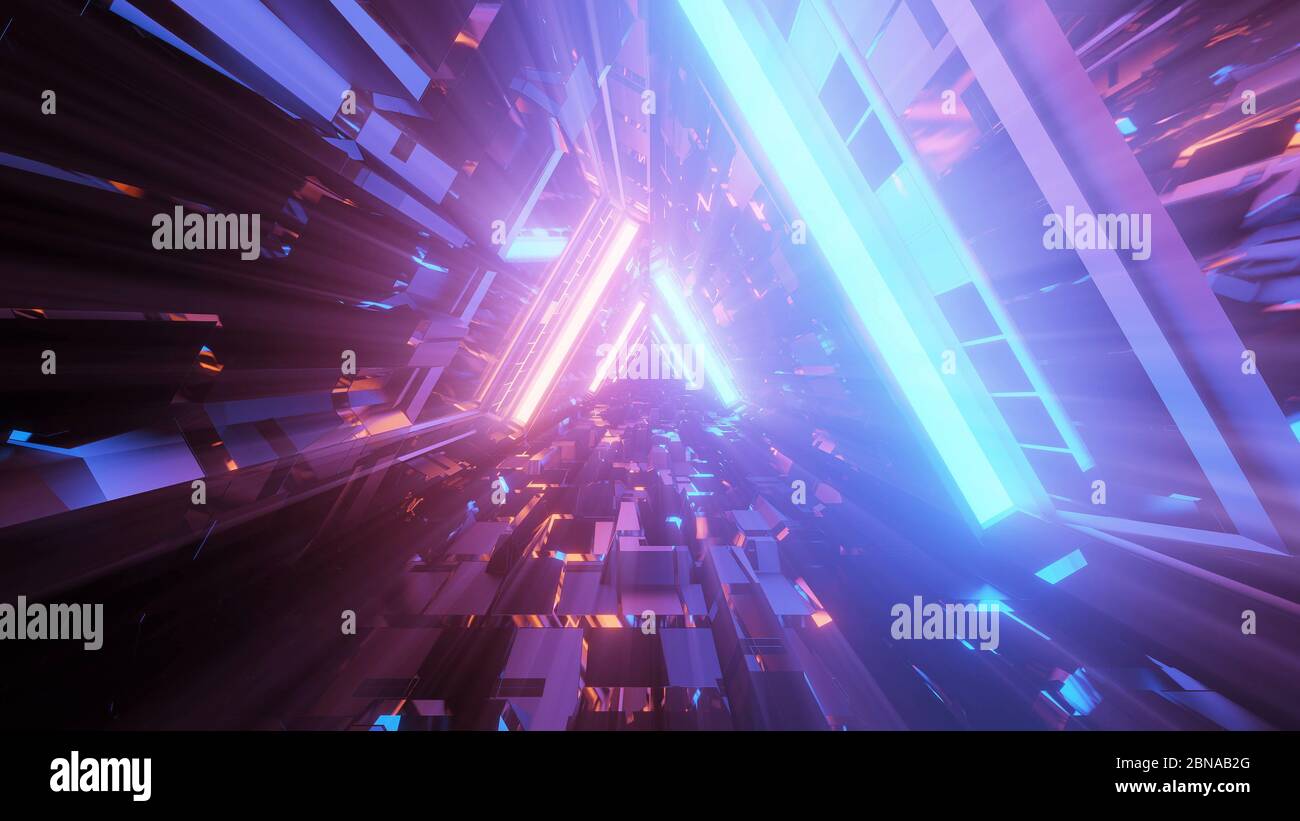 3D rendering of a trippy triangular hallway in blue and orange colors ...