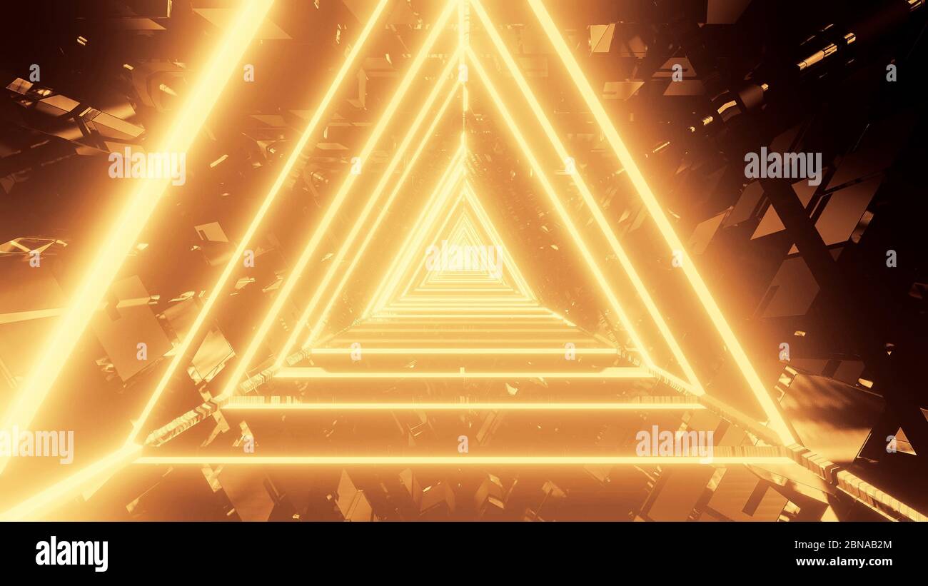 3D rendering of trippy triangular hallway illustration in dark gold ...