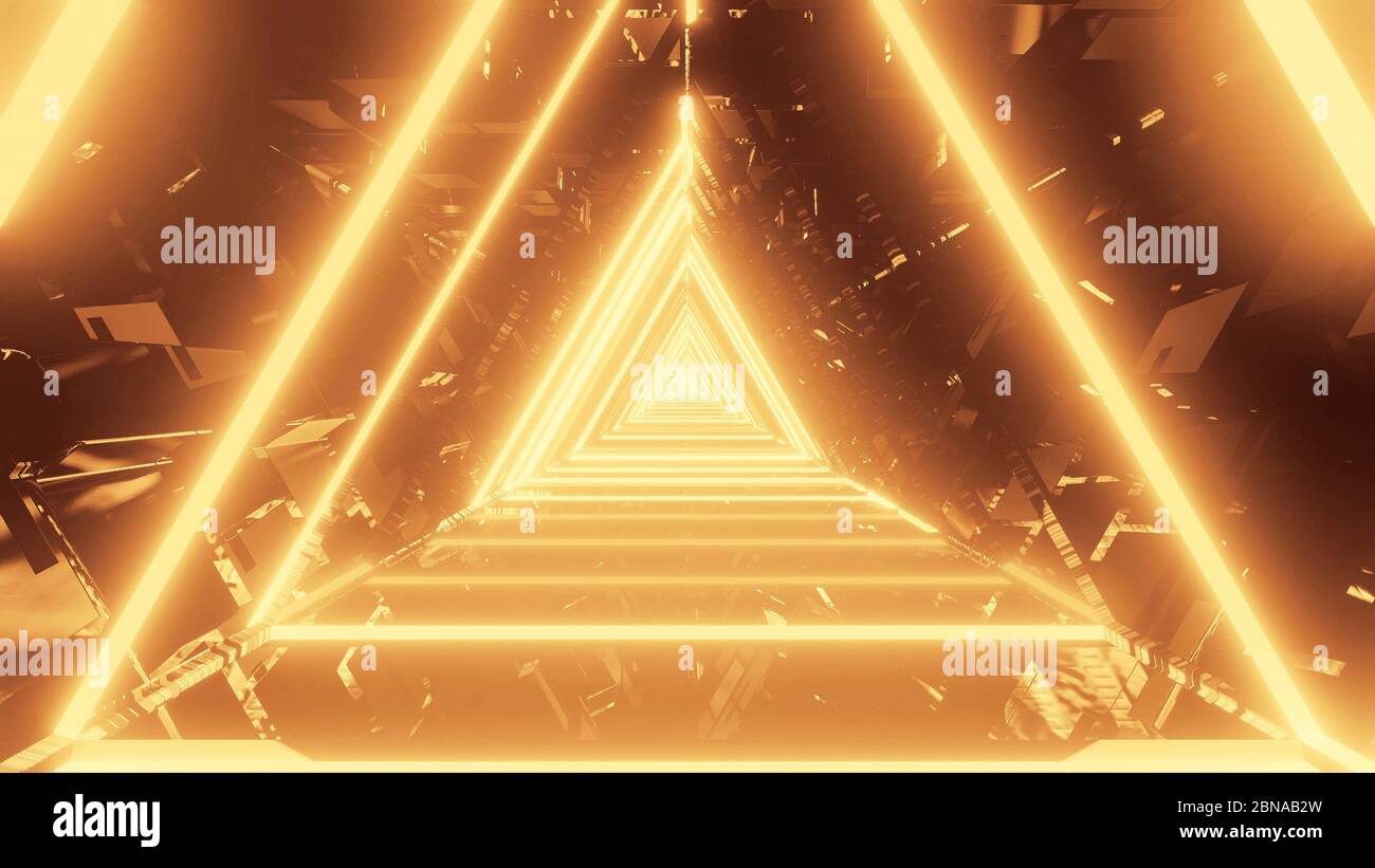 3D rendering of trippy triangular hallway illustration in dark gold ...