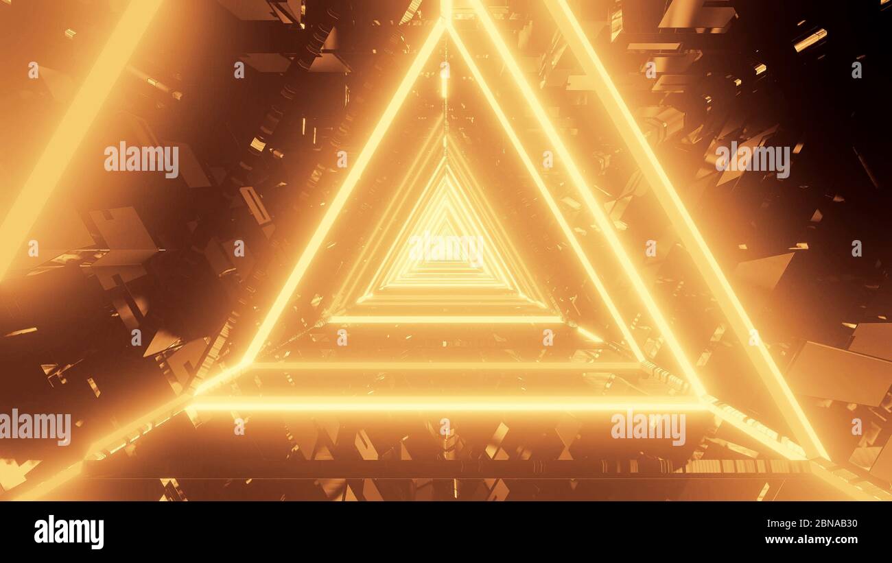 3D rendering of trippy triangular hallway illustration in dark gold ...